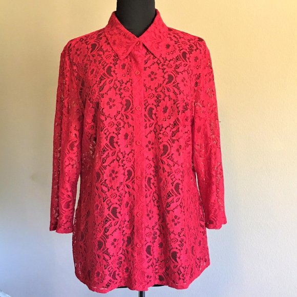 Elementz | Tops | Elementz Red Lace Button Front Blouse | Poshmark